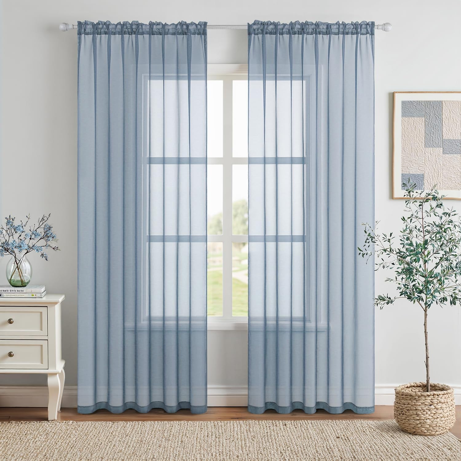 FYSGDF-Dusty Blue Sheer Curtains 84 Inches Long 2 Panels, Light ...
