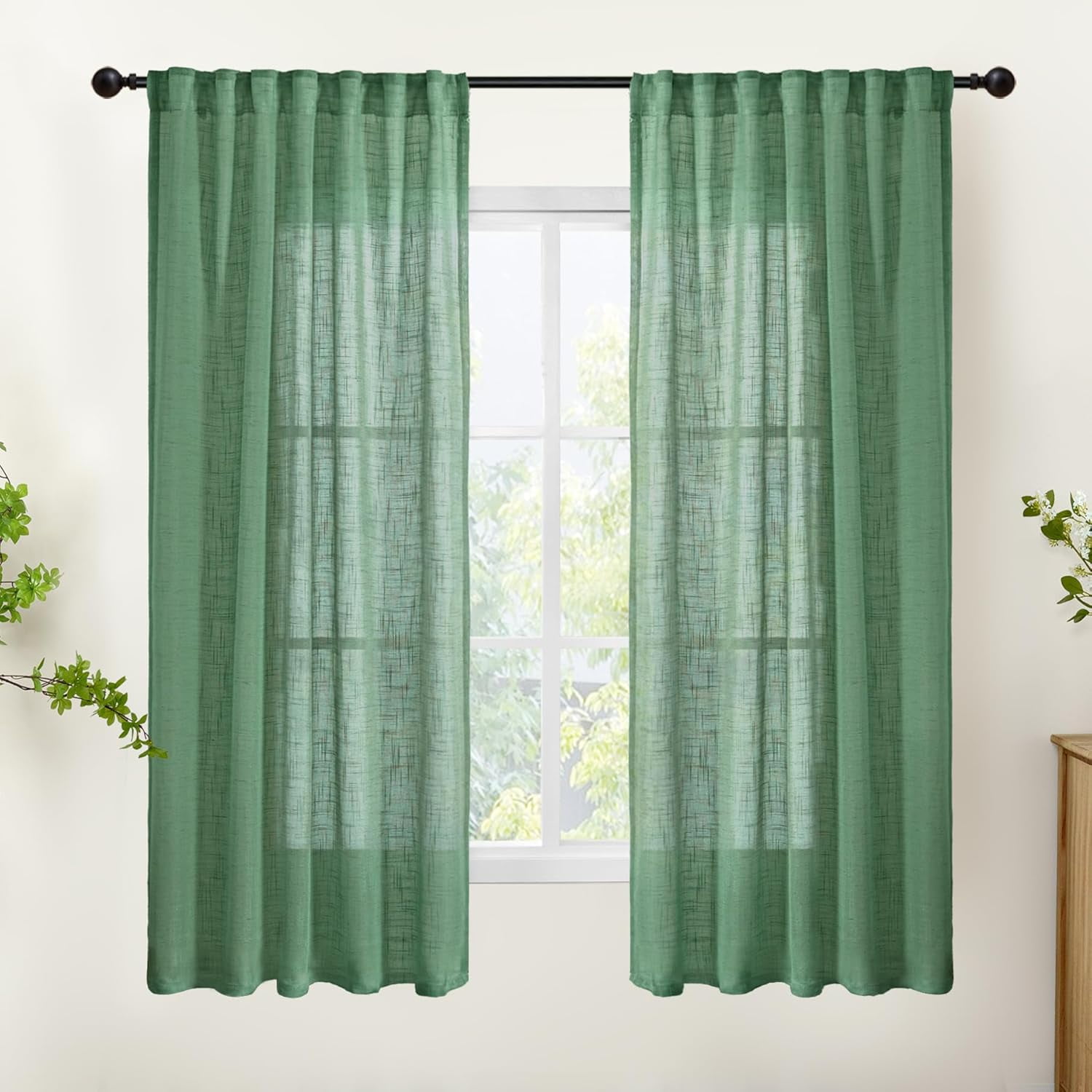 FYSGDF-Green Linen Semi Sheer Curtains 63 Inch Length for Living Room ...