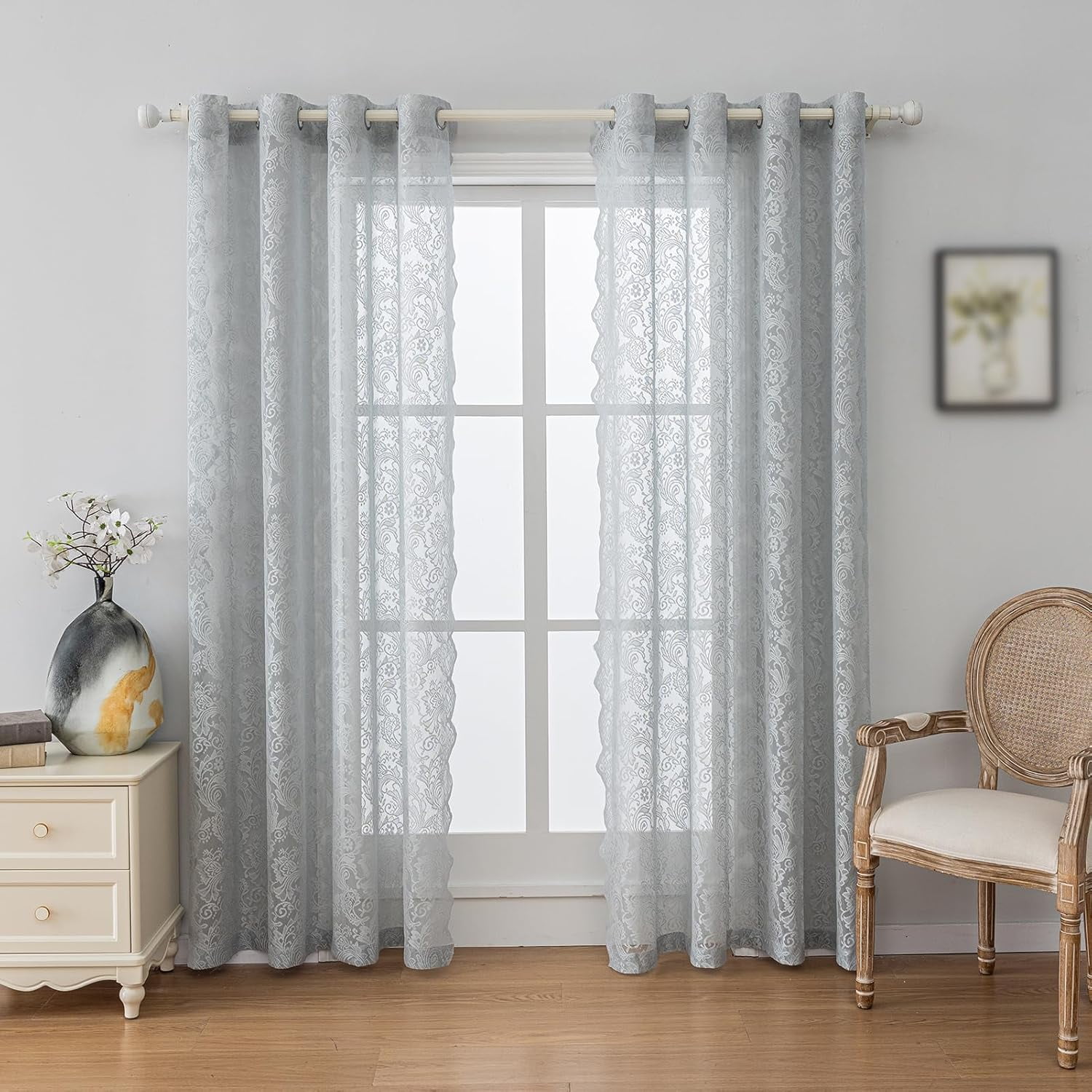 FYSGDF-Grey Lace Sheer Curtain Panels for Living Room Elegant Window ...