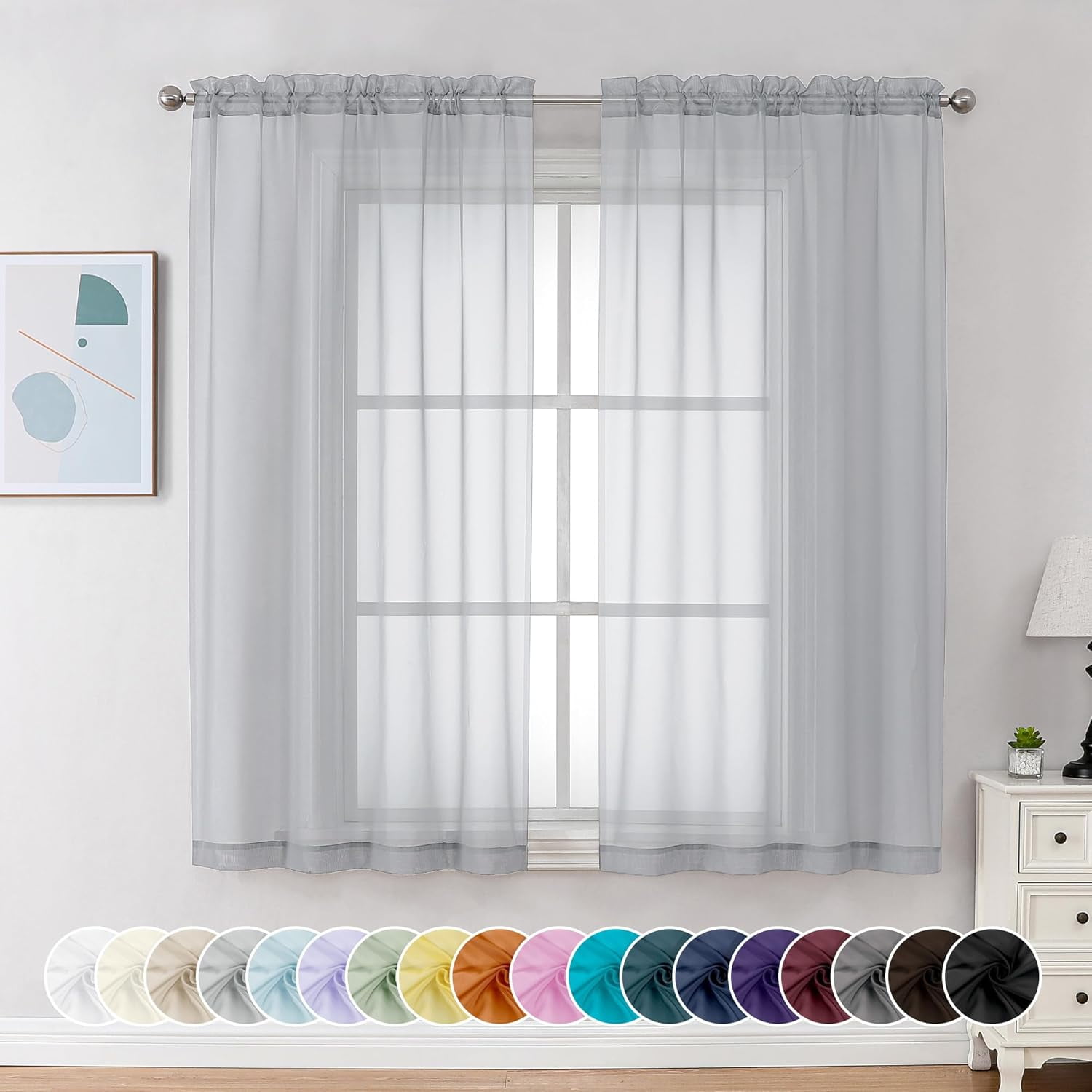 FYSGDF-Light Grey Sheer Curtains 54 Inch Long 2 Panels, Light Filtering ...