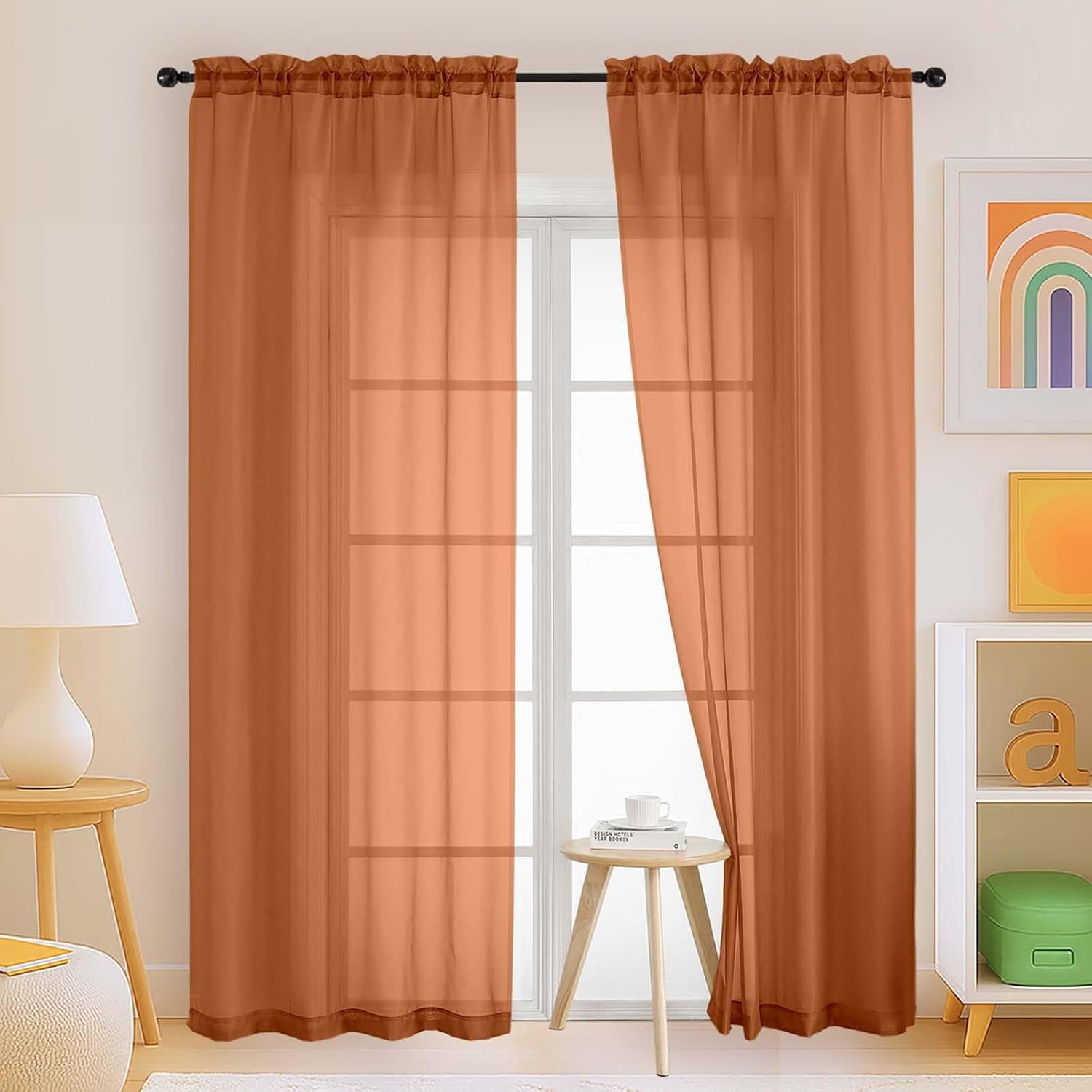 FYSGDF-Orange Sheer Curtains 84 Inches Long 2 Panels, Elegant Airy ...
