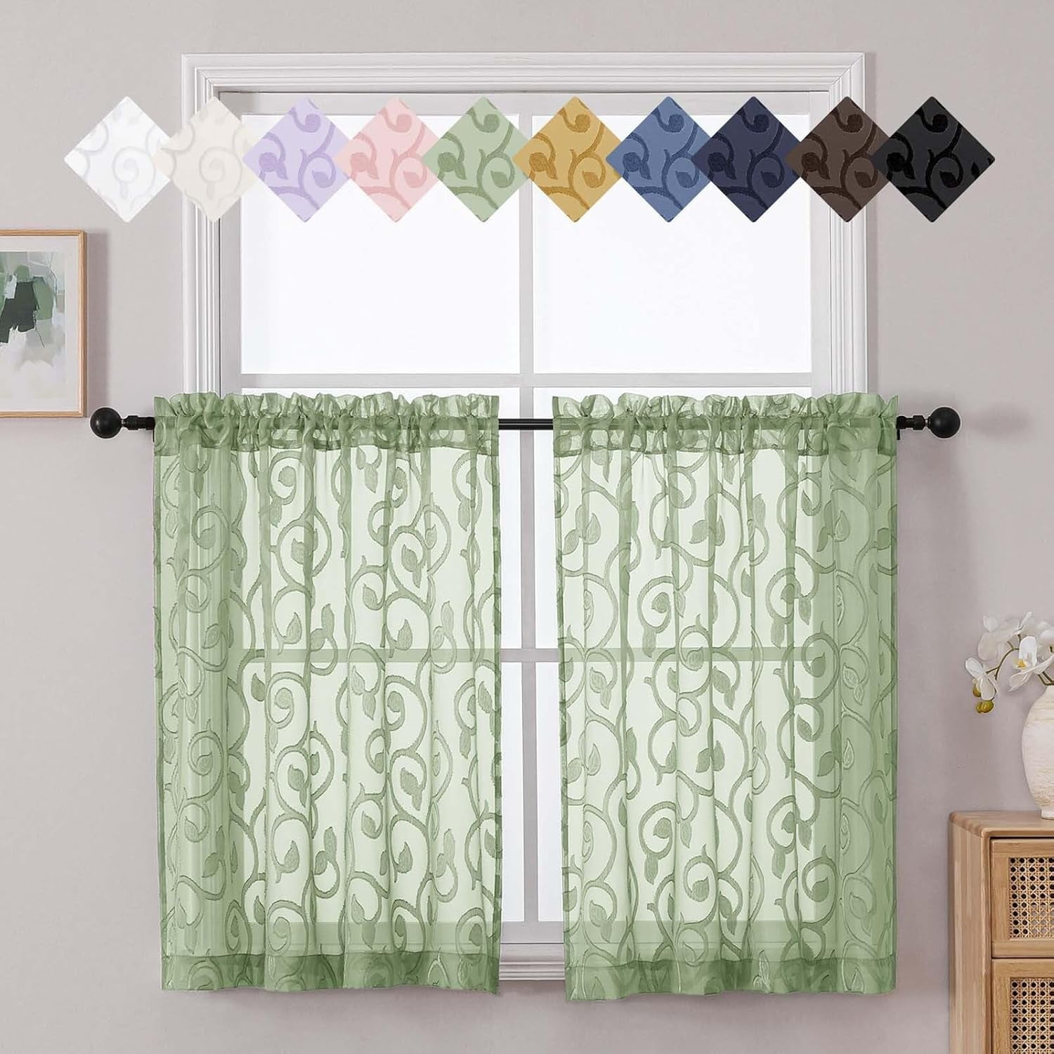 FYSGDF-Sage Green Cafe Curtains 36 Inch Length Tier 2 Panels Set, Soft ...
