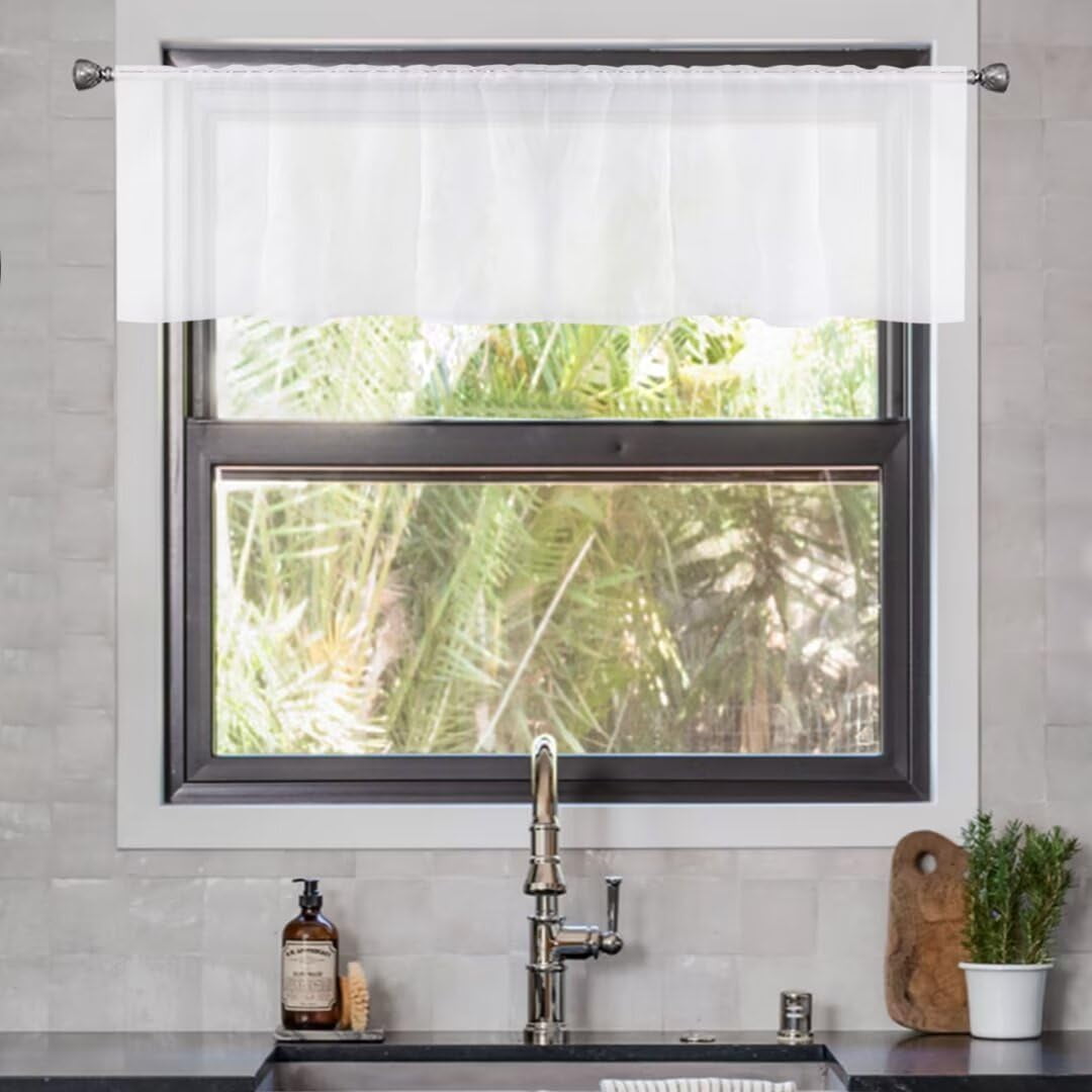 FYSGDF-Sheer White Valance Semi Voile Curtains 18 Inches Long 2 Panels ...