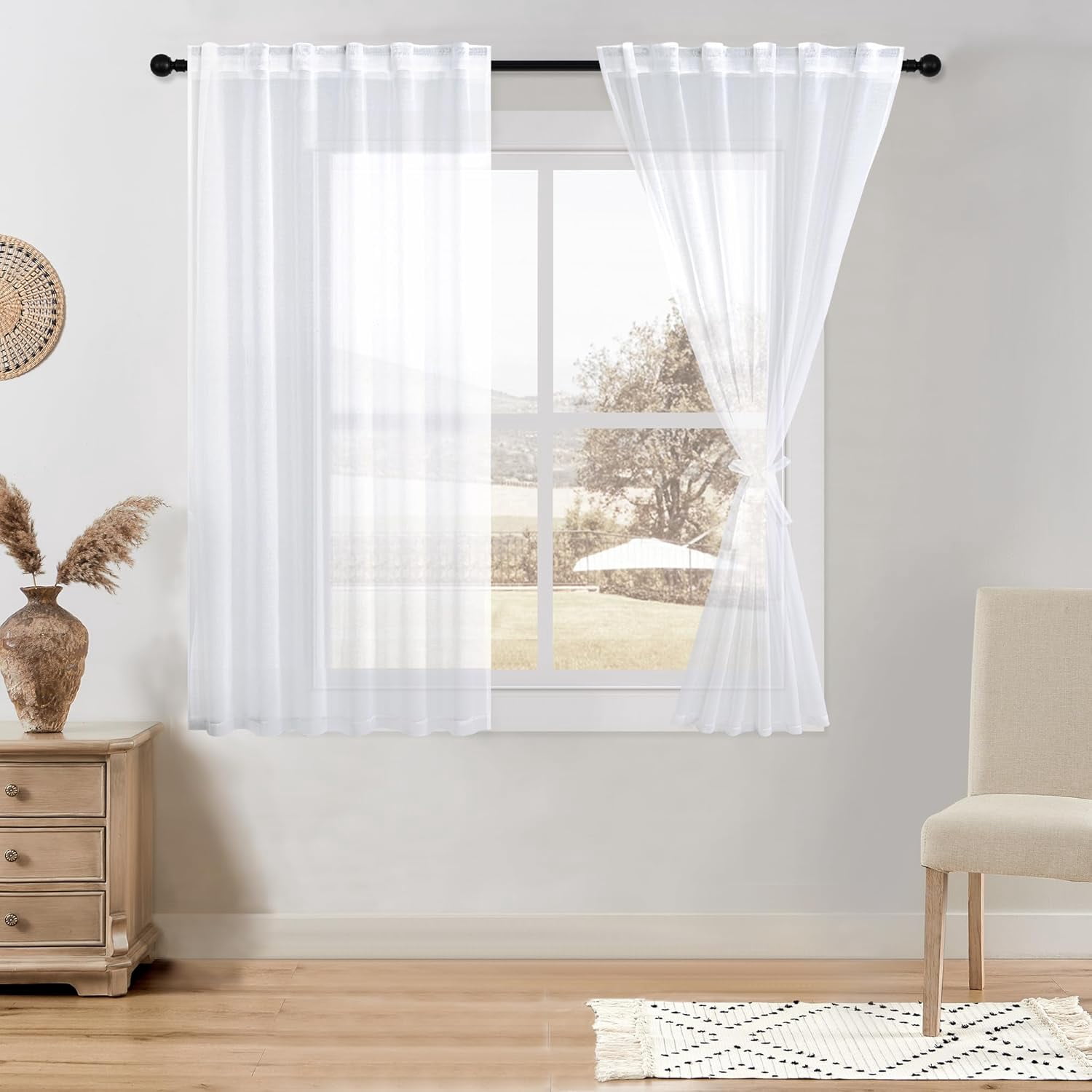 FYSGDF-White Short Sheer Curtains, Faux Linen Look Semi Transparent ...