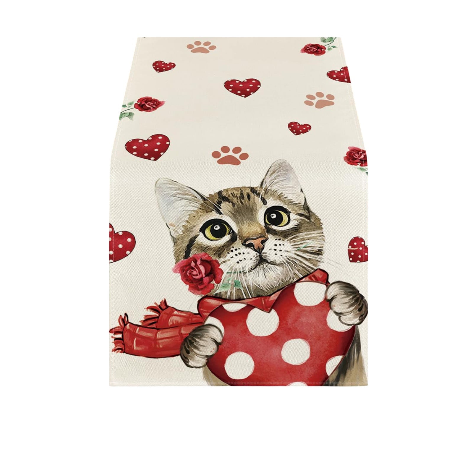 FYTPOV Flax Table Runner, Valentines Day Decorations, Hearts Roses Cat ...