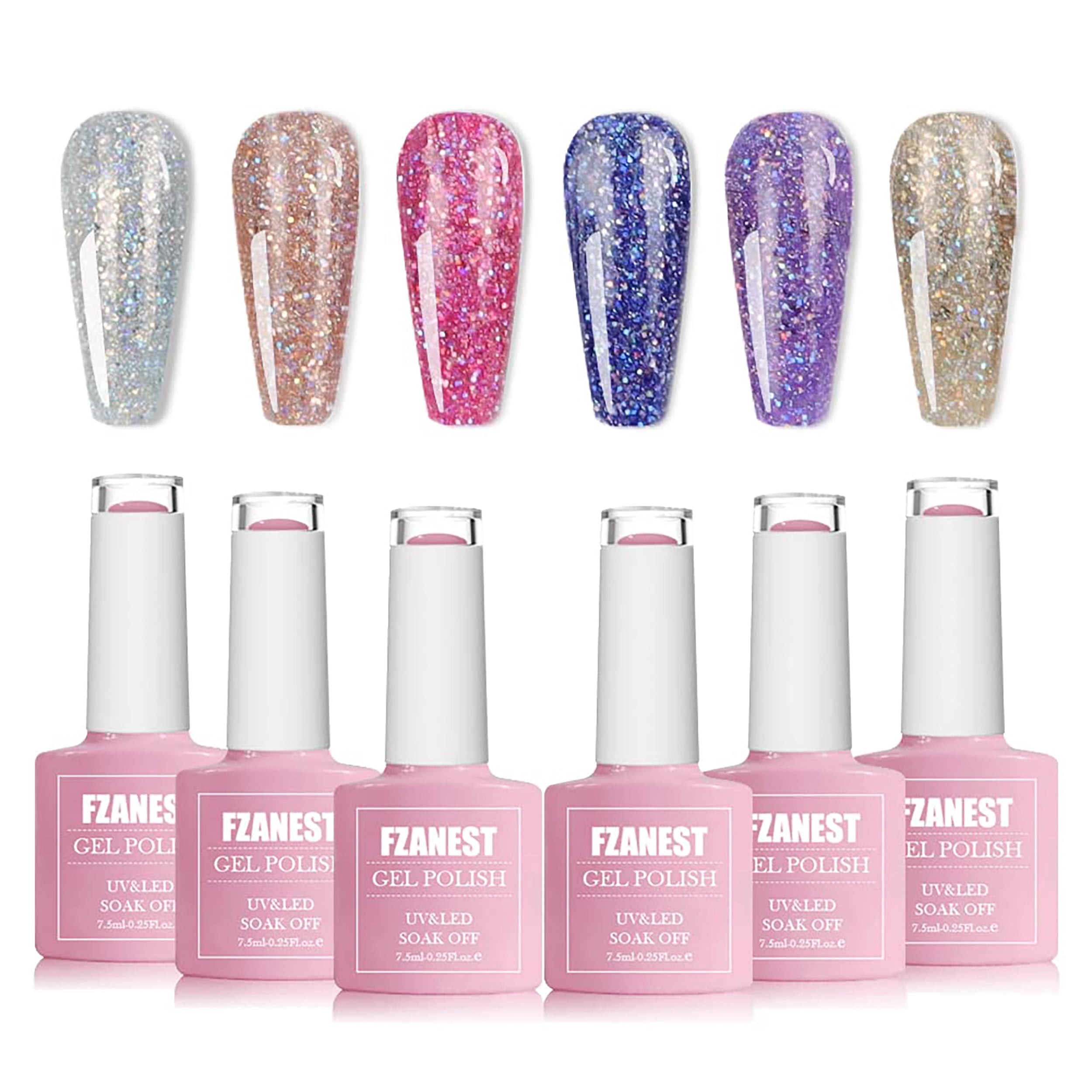 FZANEST Reflective Glitter Gel Nail Polish, 6 Colors Holographic Kit ...