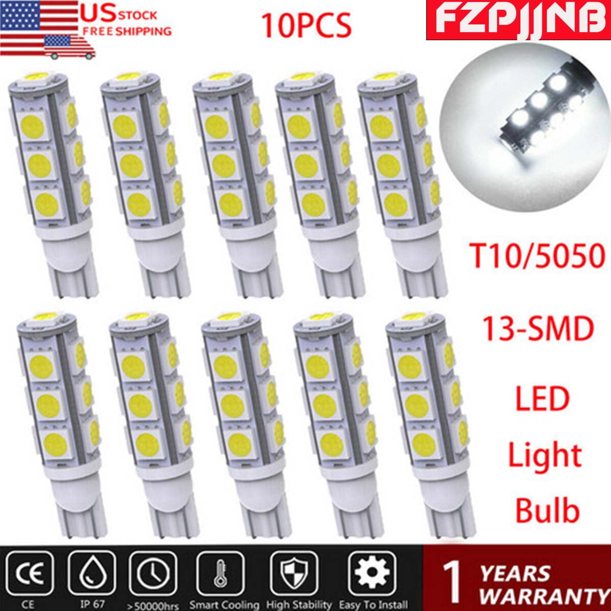 FZPJJNB 10PC T10 Wedge 1.2W Bulb Pure White LED Landscape Light 12V For Honda Malibu,C05 ...