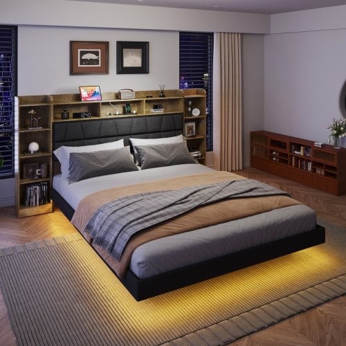 FaFaSoGoodFa Floating Queen Bed Frame with LED Light and Bookcase ...