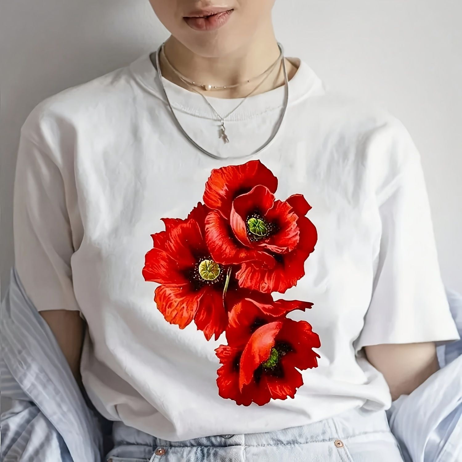FaS1Hion Red Poppy Flower Wo Funny Tops Female S1Hort Sve Harukus ...