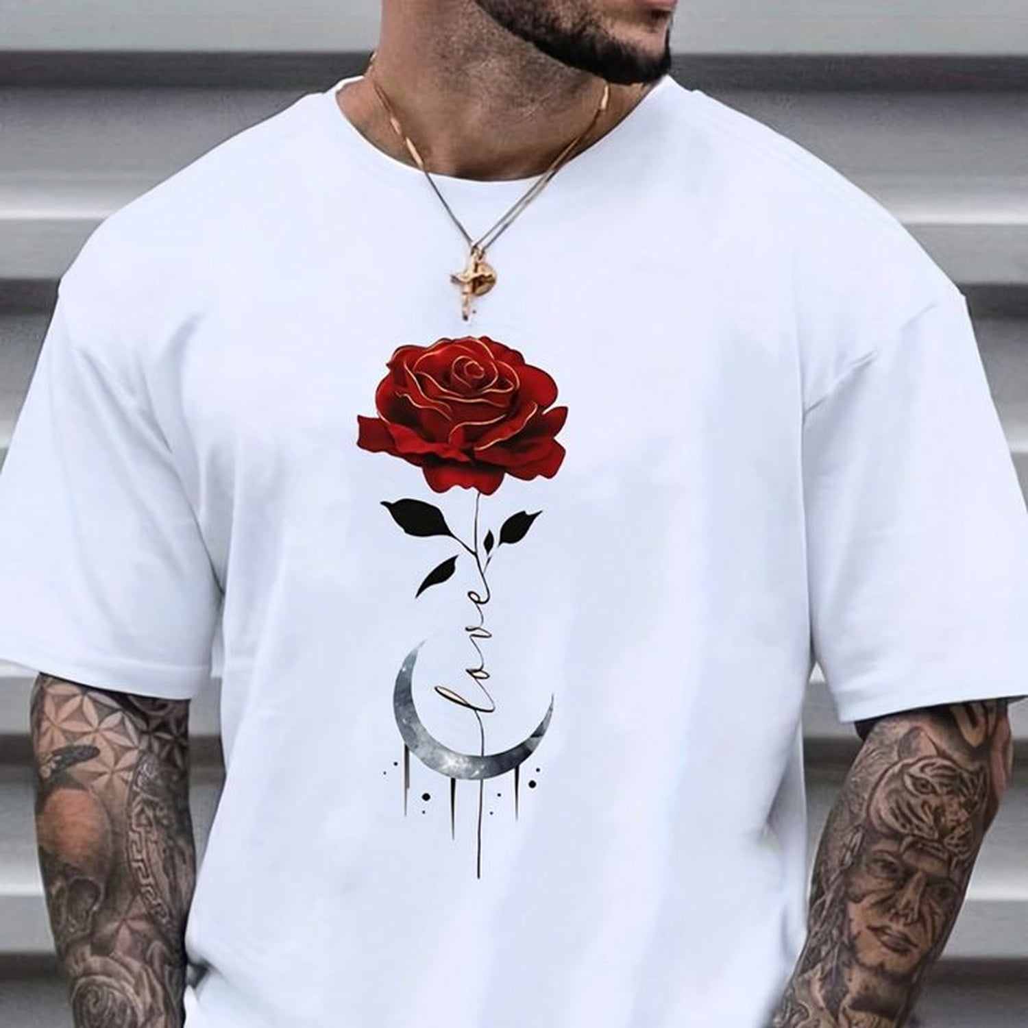 FaS1Hionable Rose Print Round Neck T-S1Hirt For M1en, Comfortable And ...