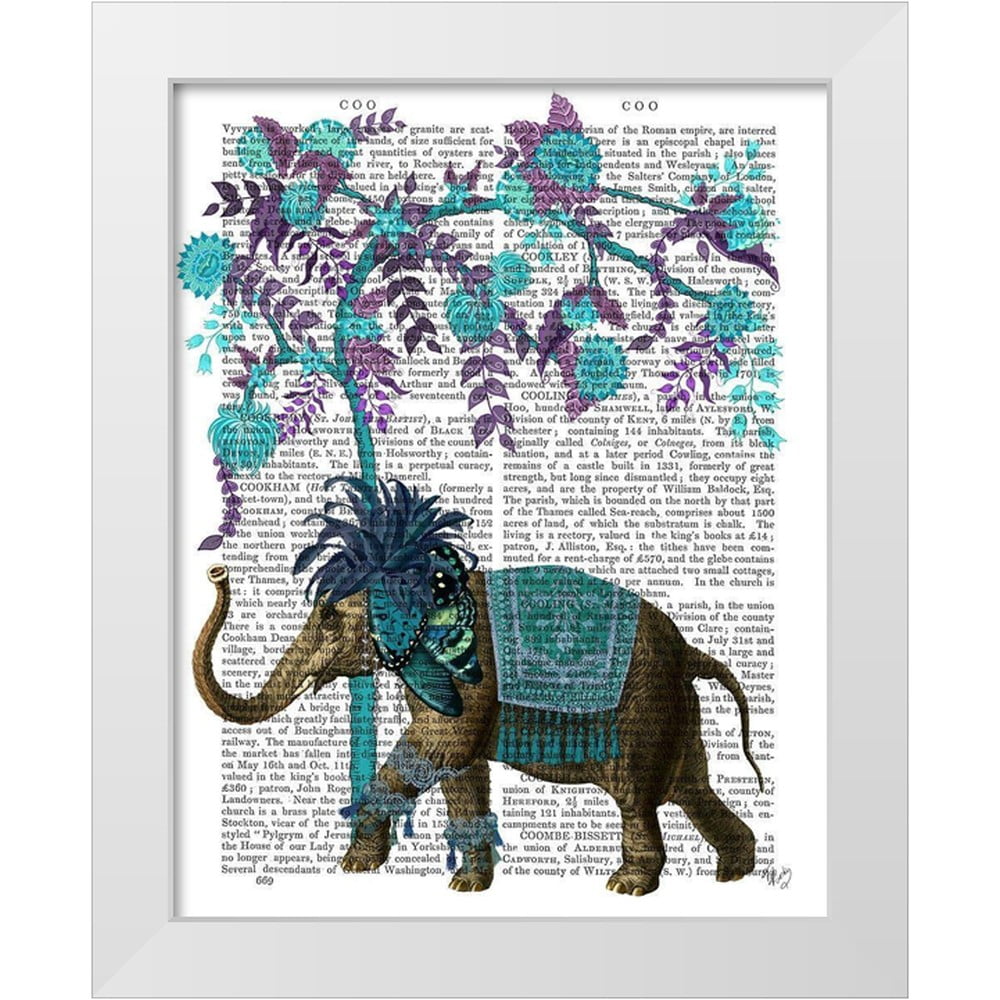 Fab Funky 26x32 White Modern Wood Framed Museum Art Print Titled - Niraj Elephant, Blue Tree ...