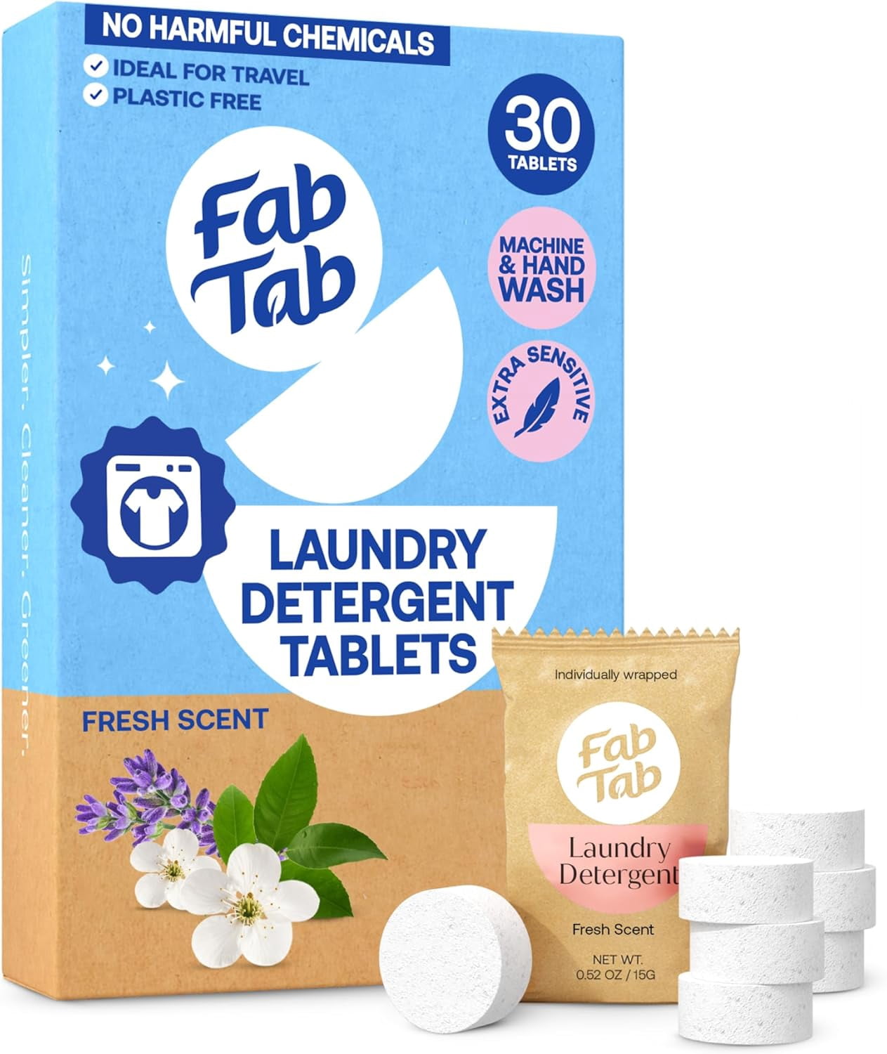 FabTab Travel Laundry Detergent Tablets, Plant-Based, Fresh Scent, 30 ...