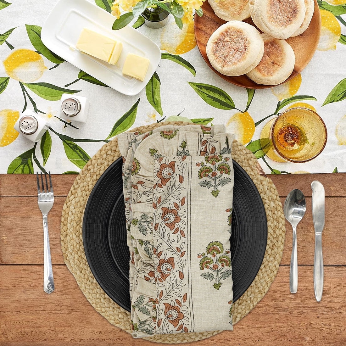 Fabdivine 18X18 Inch Floral Block Print Frill Napkin - Handcrafted for ...