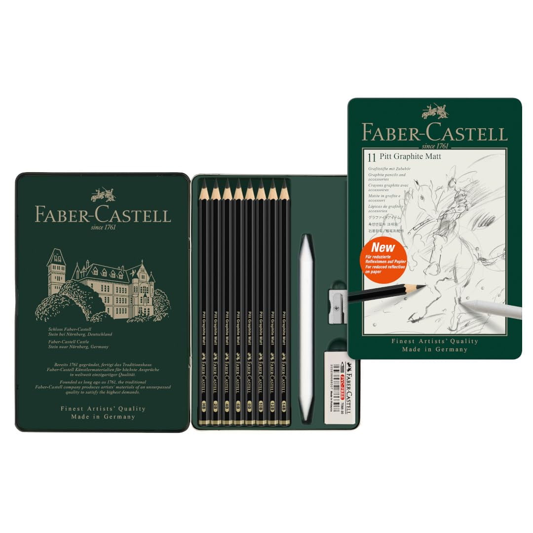 Faber-Castell Pitt Graphite Matte Pencil Set, Metal Tin of 8 Graphite ...