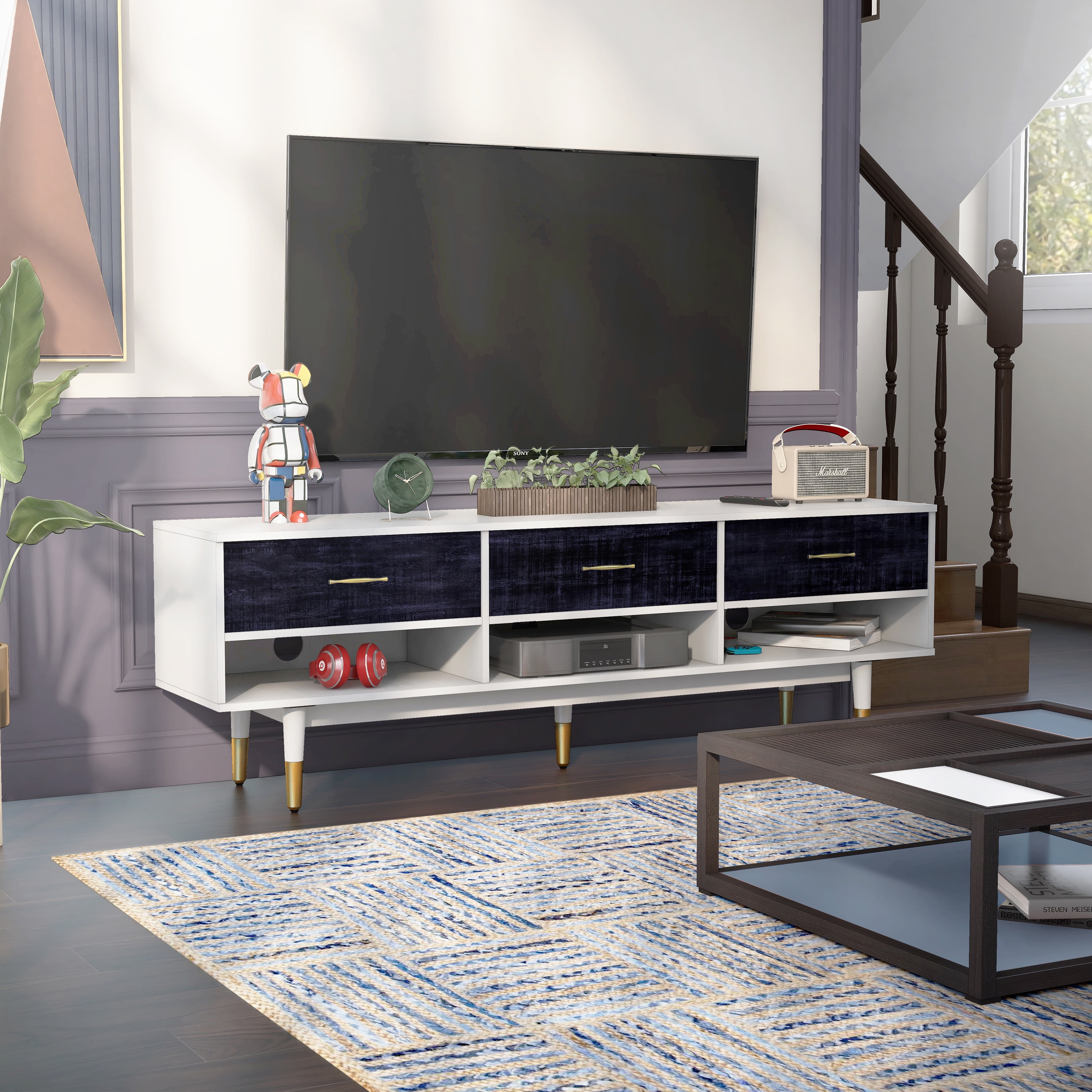 Fabiano 3-Drawer and 3-Shelf Solid Wood 70" TV Stand, Rustic Navy Blue ...