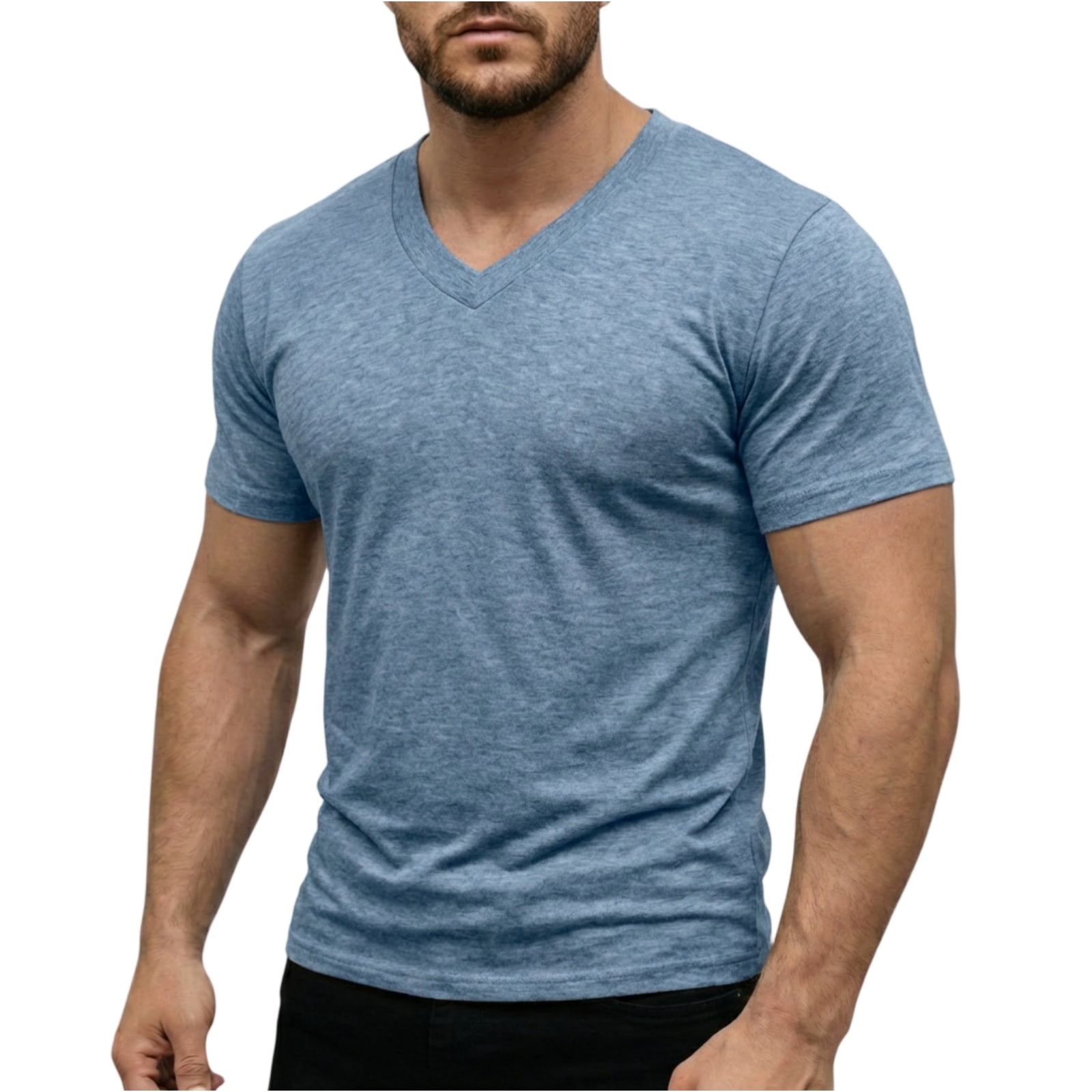 Fabrcox Blue Mens T Shirt Short Sleeve V Neck Slim Fit Basic T-Shirt ...