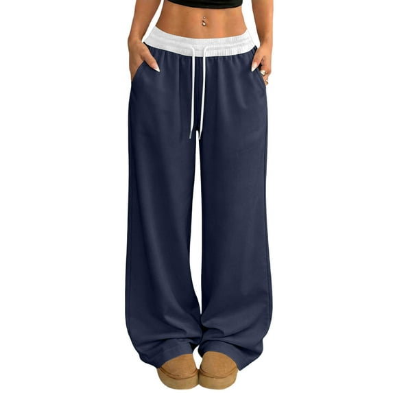 Fabrcox Blue Womens Wide Leg Pants Baggy Drawstring Womens Lounge Pant ...