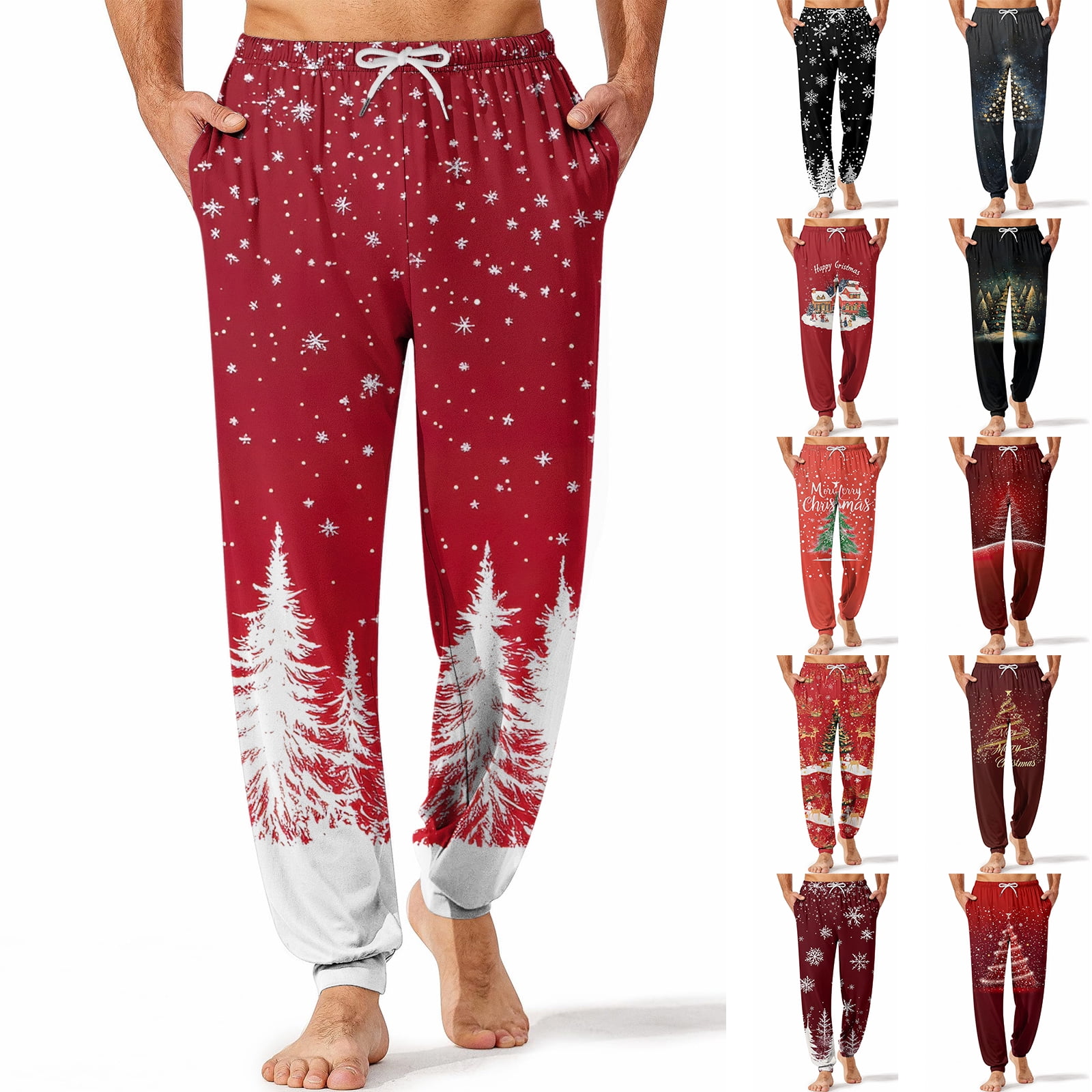 Fabrcox Christmas Mens Slim Fit Pajamas Bottoms Tree Snowflake Reindeer ...