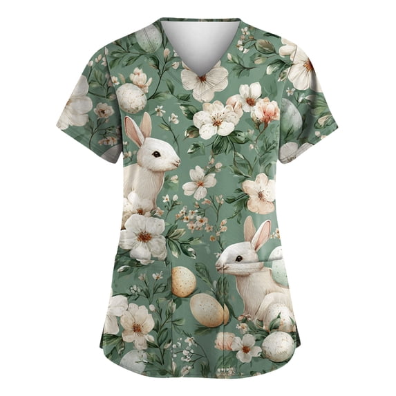 Fabrcox Easter Scrub Top Women Egg Rabbit Print Womens Work Shirt with ...