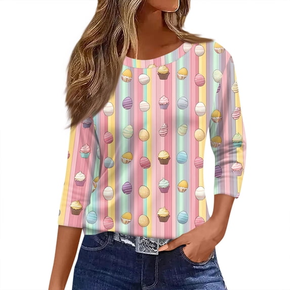 Fabrcox Easter Shirt Women Cute Graphic Fitted Round Neck Womens 3/4 ...
