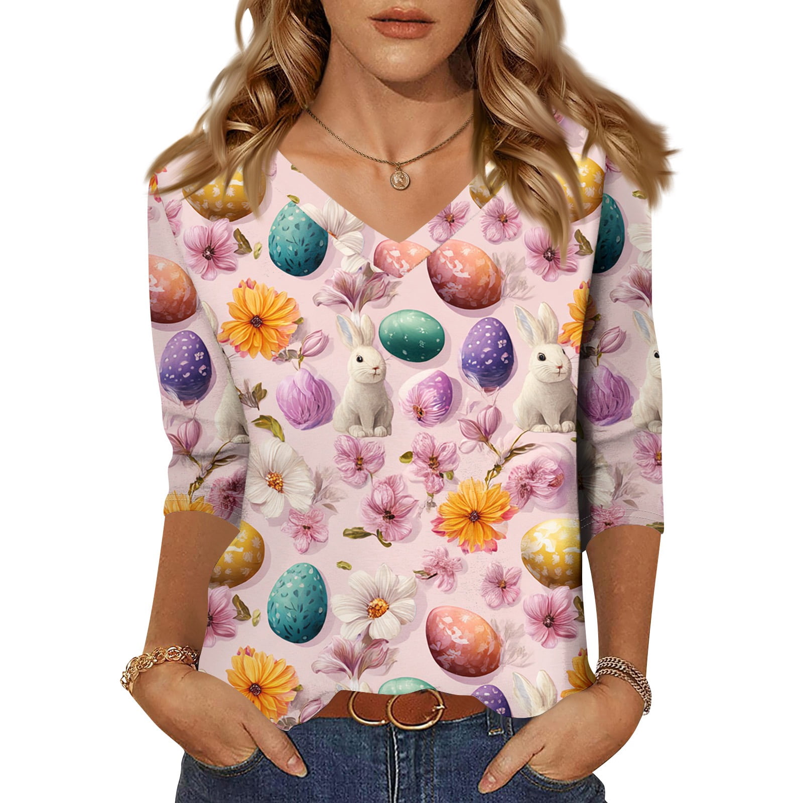 Fabrcox Easter Shirt Women Egg Bunny Hunt Print 3/4 Length Sleeve ...