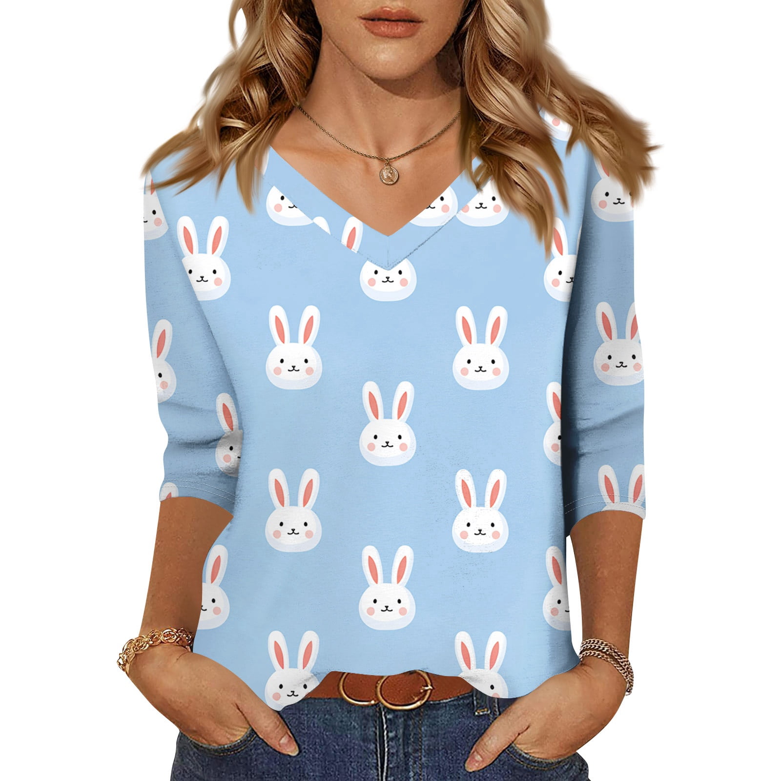 Fabrcox Easter Shirt for Women Egg Bunny Hunt Print 3/4 Length Sleeve ...