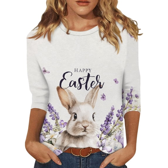 Fabrcox Easter Shirts Women Egg Rabbit Bunny Print Women 3/4 Sleeve ...