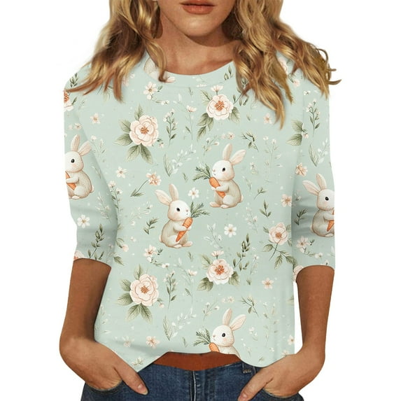 Fabrcox Easter Shirts for Women Bunny Rabbit Graphic Crew Neck 3/4 ...