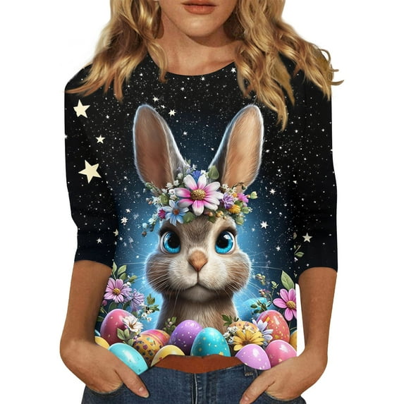 Fabrcox Easter Shirts for Women Bunny Rabbit Graphic Crew Neck 3/4 ...