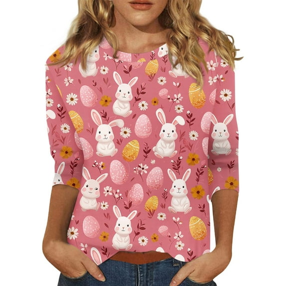 Fabrcox Easter Shirts for Women Bunny Rabbit Graphic Crew Neck 3/4 ...