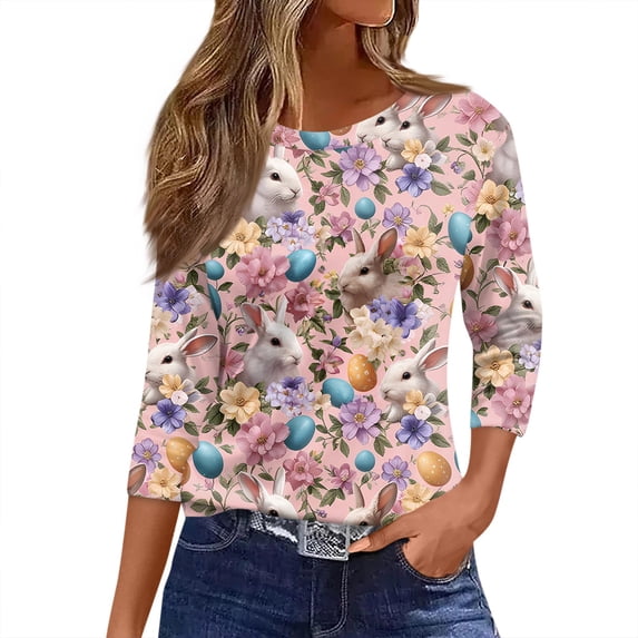 Fabrcox Easter T Shirts for Women Egg Rabbit Bunny Print Womens Shirts ...