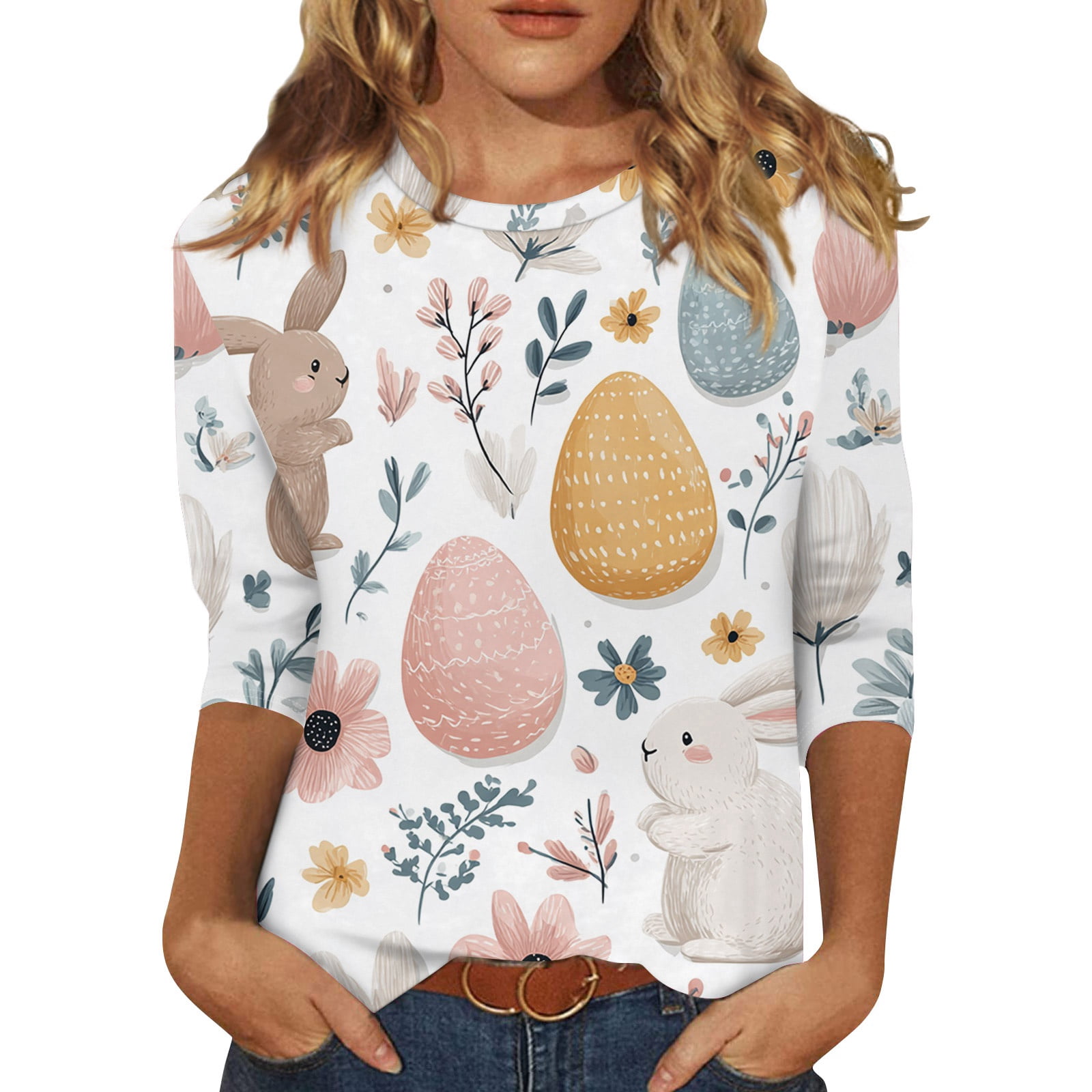 Fabrcox Easter Tops for Women 2026 Cute Graphic Bunny 3/4 Sleeve Shirts ...