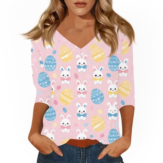 Fabrcox Easter Womens Shirt Cute Animals Egg Print Women's 3/4 Length ...