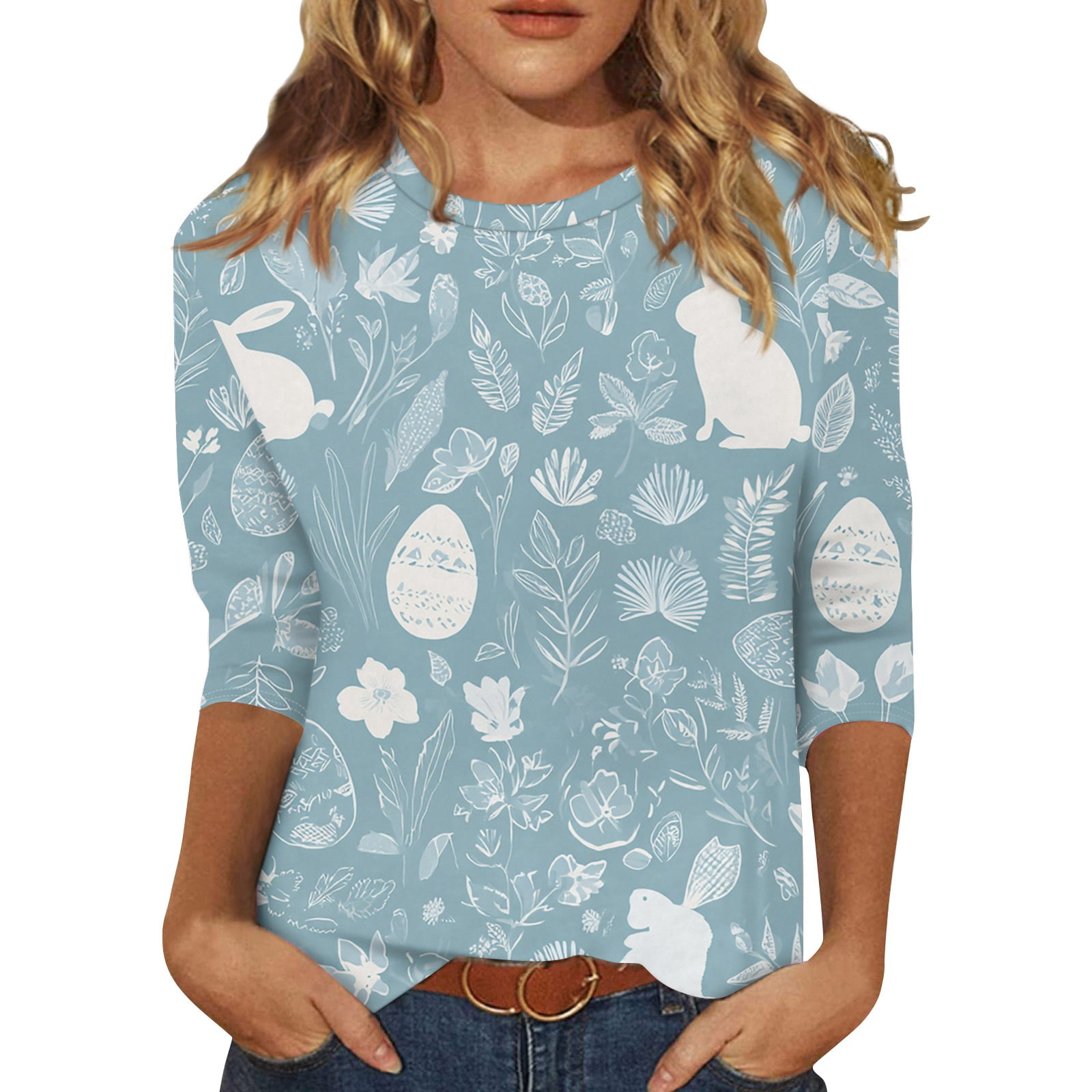 Fabrcox Easter Womens Shirt Egg Rabbit Hunt Print 3/4 Length Sleeve ...
