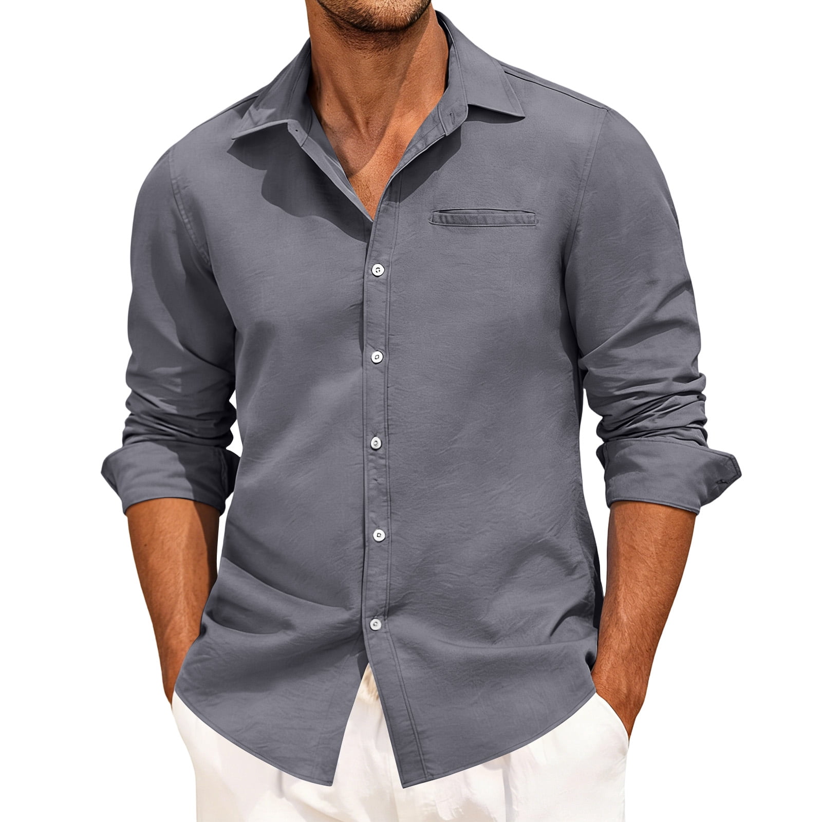 Fabrcox Gray Button Down Shirts Men Breathable Lightweight Men's Long ...