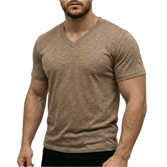 Fabrcox Khaki Mens Tshirt Short Sleeve V Neck Slim Fit Basic T-Shirt ...
