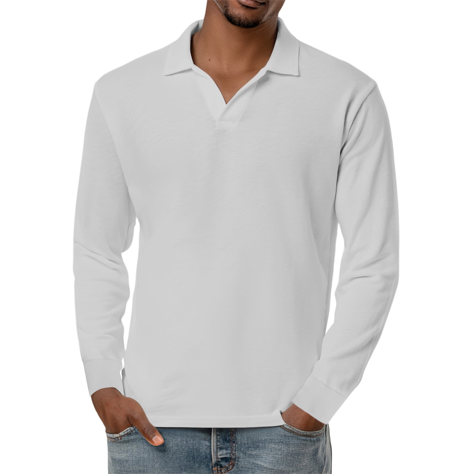 Fabrcox L-4XL Men Long Sleeve Polo Shirts Turn Down Collar V Neck T ...