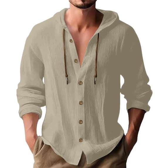 Fabrcox Linen Hoodie Baggy Long Sleeve Lightweight Men's Button-Down ...