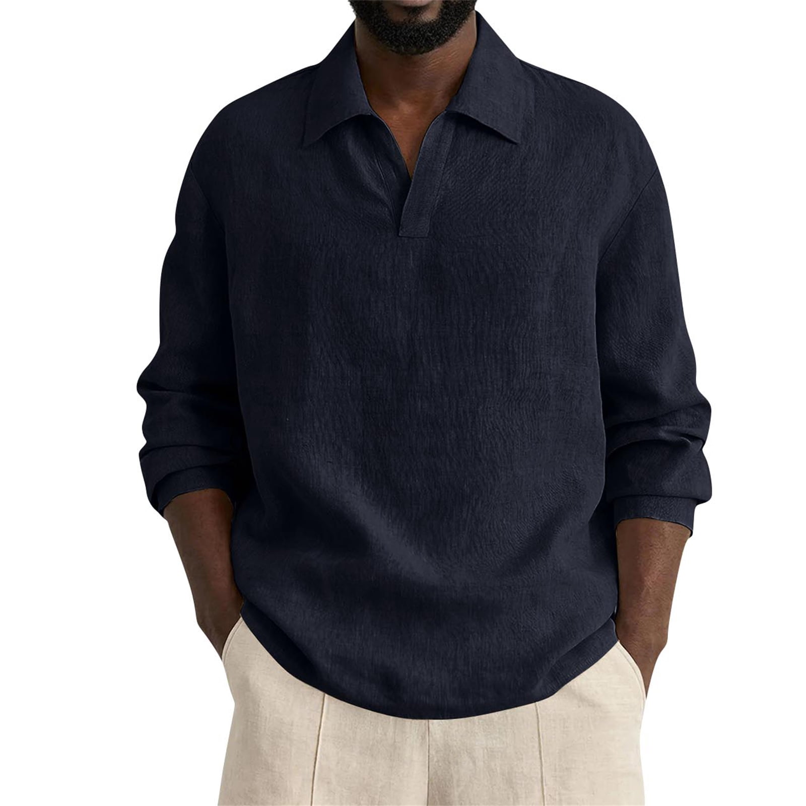 Fabrcox Linen Men Shirt Lapel V Neck Long Sleeve Lightweight Regular ...