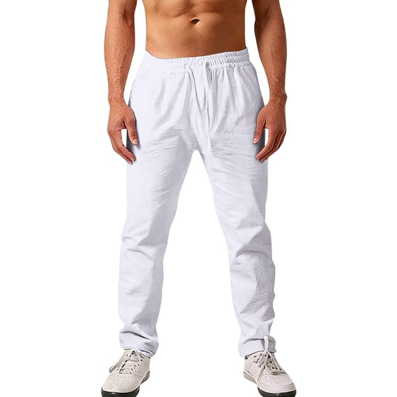 Fabrcox Linen Pants for Men Straight Leg Drawstring Elastic Waist Baggy ...