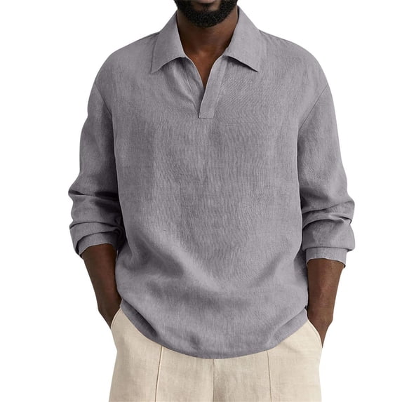 Fabrcox Linen Shirt Mens Lapel V Neck Long Sleeve Breathable Loose Fit ...