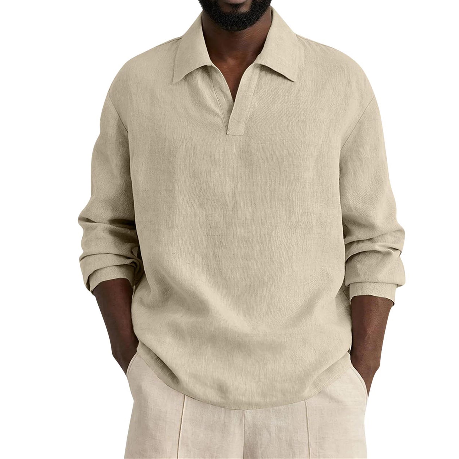 Fabrcox Linen Shirt Mens Long Sleeve Collared V Neck Breathable Loose ...