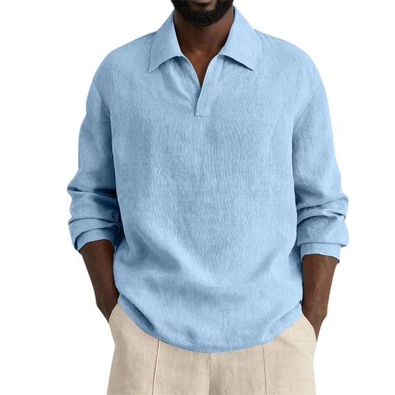 Fabrcox Linen Shirts Men Long Sleeve Collared V Neck Lightweight ...