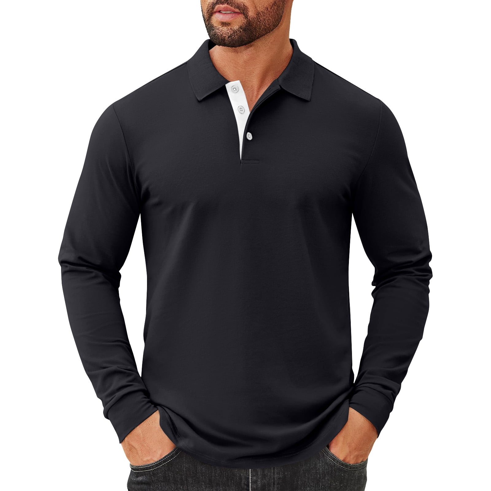 Fabrcox Long Sleeve Mens Trendy Polo Shirts Solid Color Turn-Down ...