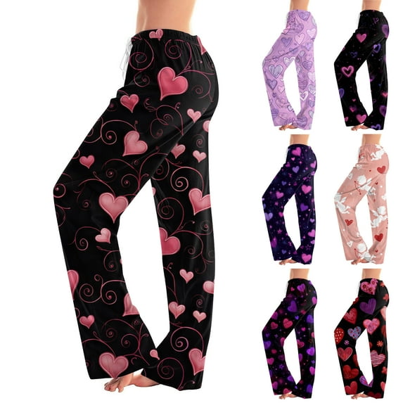 Fabrcox Love Heart Print Pajama Pants Women Drawstring Elastic Waist ...