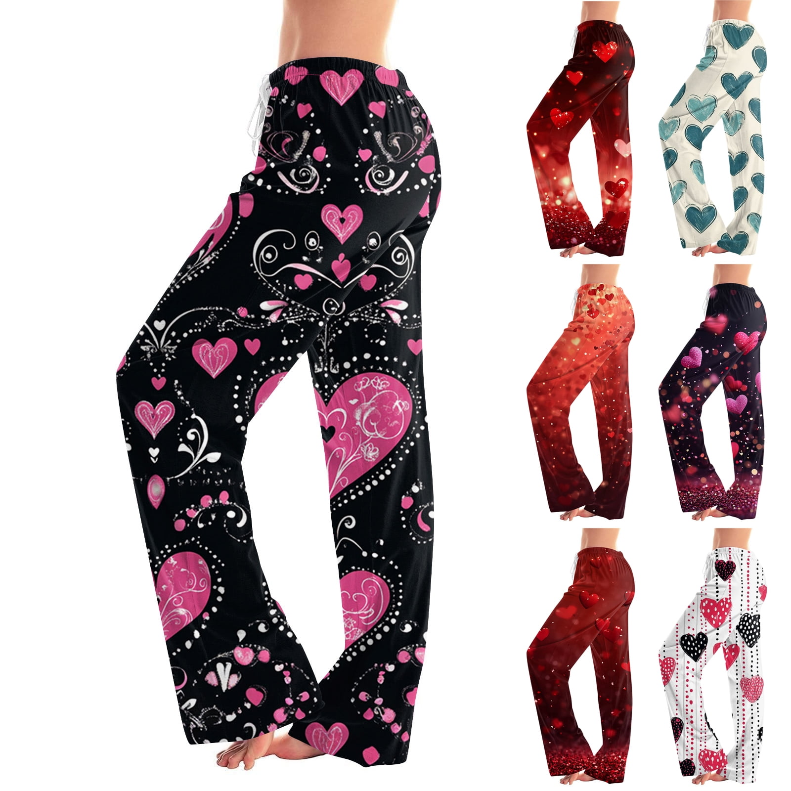 Fabrcox Love Heart Print Pajama Pants Womens Drawstring Elastic Waist ...