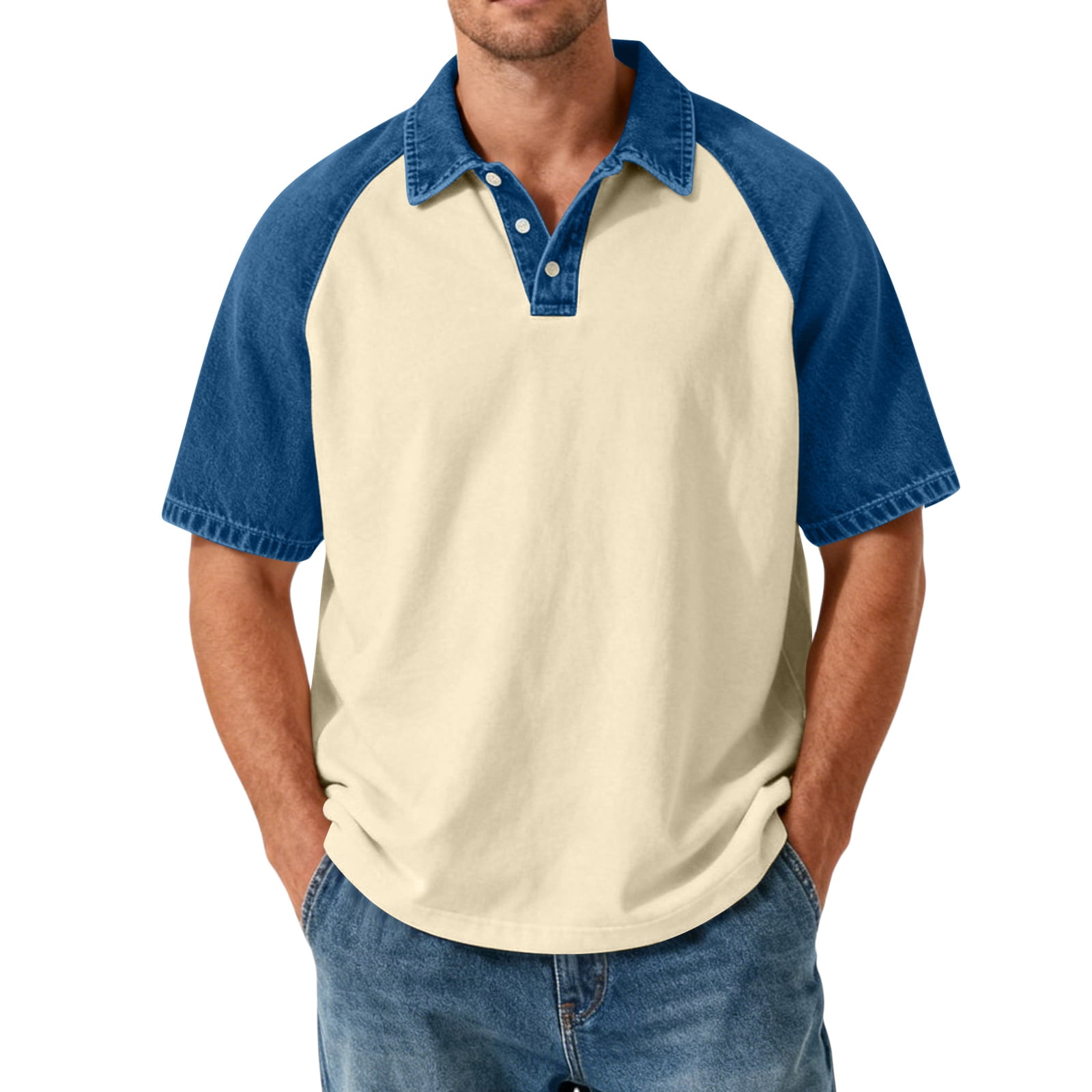 Fabrcox Men Polo Shirts Short Sleeve Denim Patchwork Raglan Men Golf ...