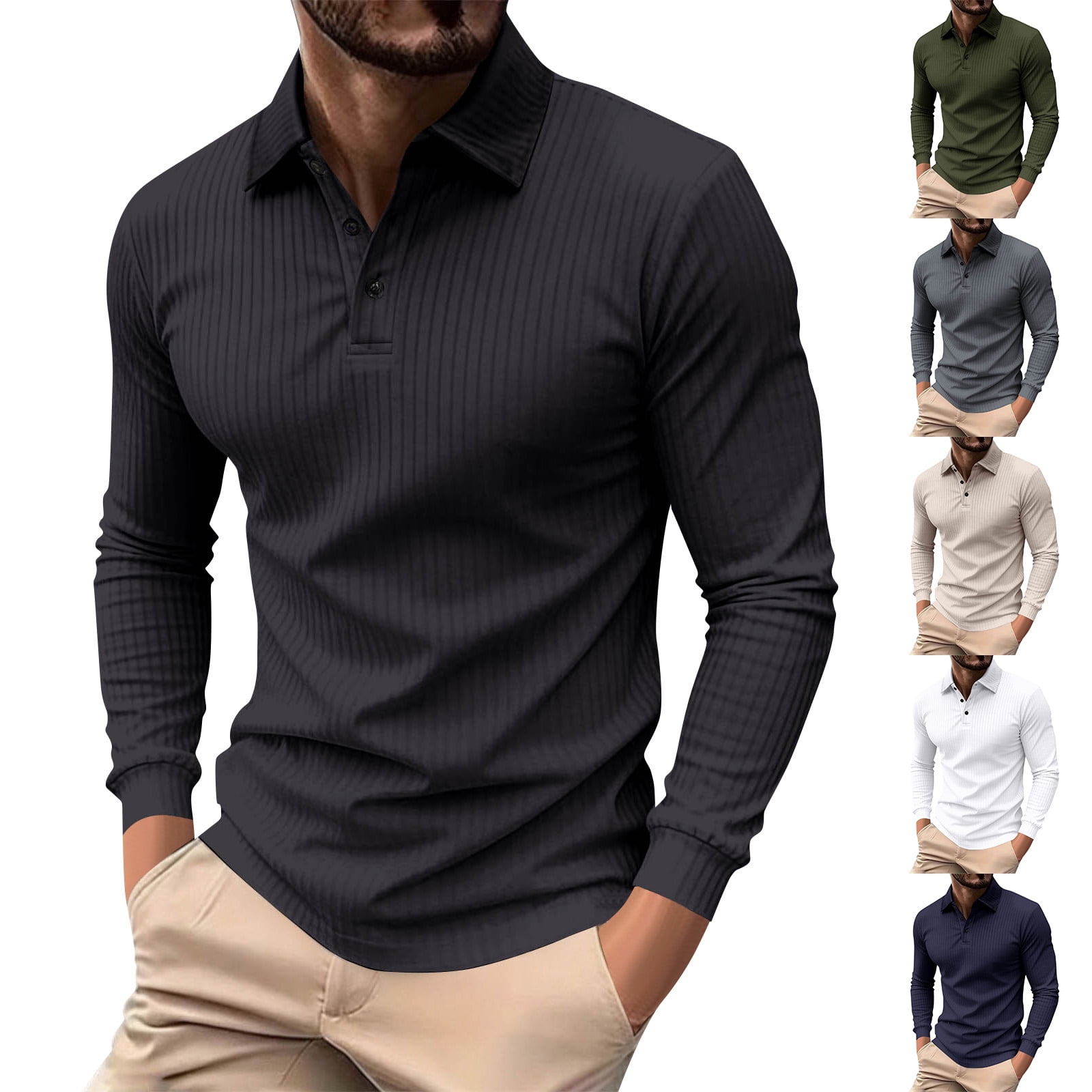 Fabrcox Men Shirts Polo Long Sleeve Henley Ribbed Knit Men T Shirt ...
