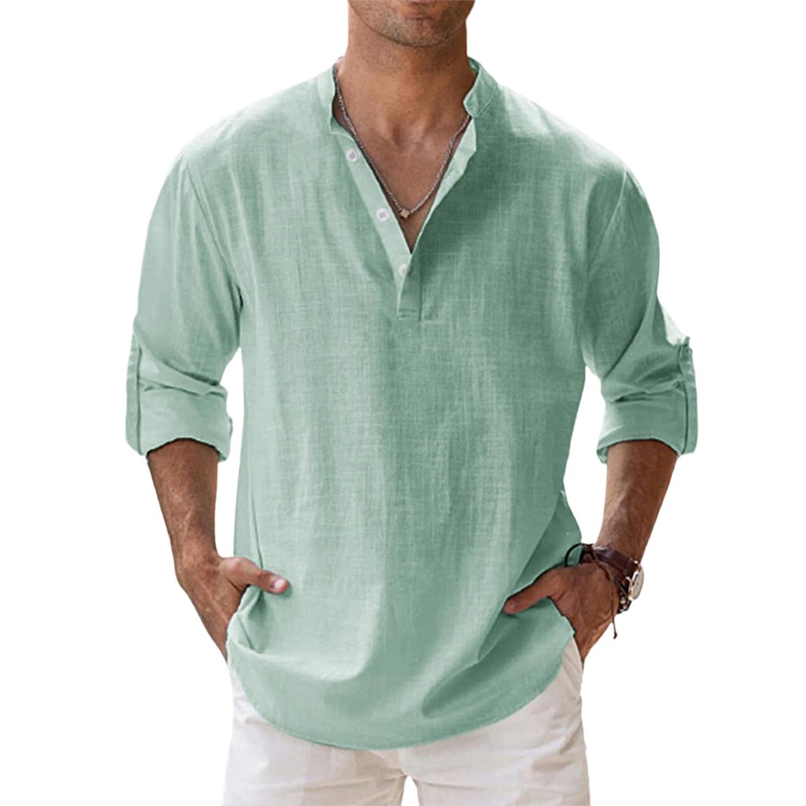 Fabrcox Mens Linen Shirts Henley Lightweight Long Sleeve T-Shirt for ...