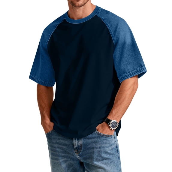 Fabrcox Mens Raglan T Shirt Denim Patchwork Crew Neck Mens Short Sleeve ...